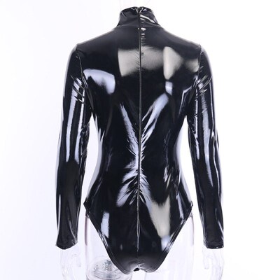 Black Long Sleeve PU Leather Bodysuit Slim Turtleneck Seamle