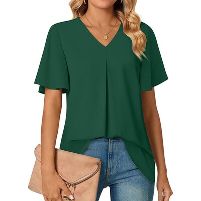 Womens Summer Dressy Chiffon Blouses V Neck Short Sleeve