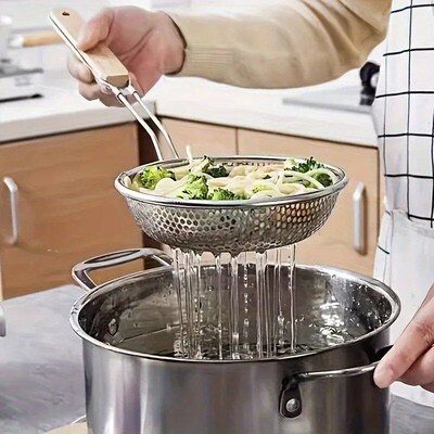 Stainless Steel Colander with Wooden Handle - Fine Mesh Skim