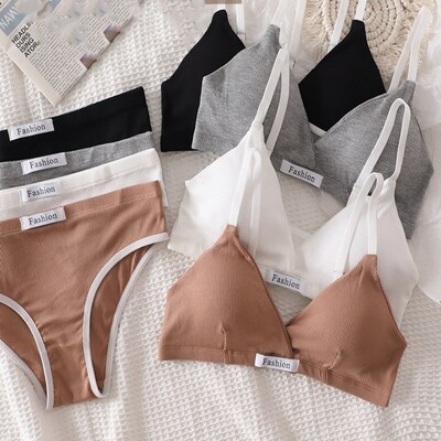 Women Cotton Seamless Bra Set Low Waist Panties Nonwire Bral