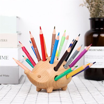 Wooden Hedgehog 24 Hole Pen Inserted Stand Multi-Functional