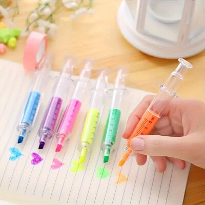 6pcs Color Highlighters And Syringes Fluorescent Needles Wat