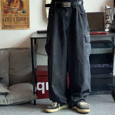 Baggy Jeans Mens Oversize Cargo Korean Black Wide Pants