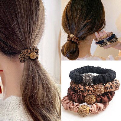Fashion Summer Rhinestone Ball Leopard Scrunchie Women Simpl