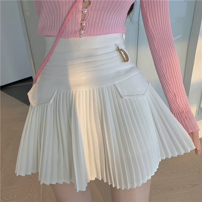 White Pleated Skirts Women High Waist Mini Skirt Metal Lette