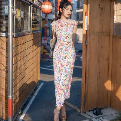 Colorful printed round neck sleeveless long dress