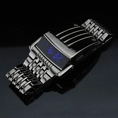 Fashion Electronic Watch Blue LED Display Wide Stainless Ste