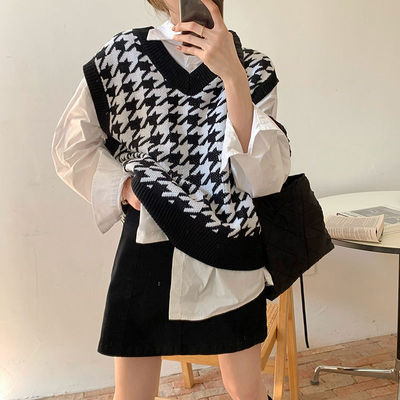 Women Sweater Vest Autumn Houndstooth Plaid V-neck Sleeveles