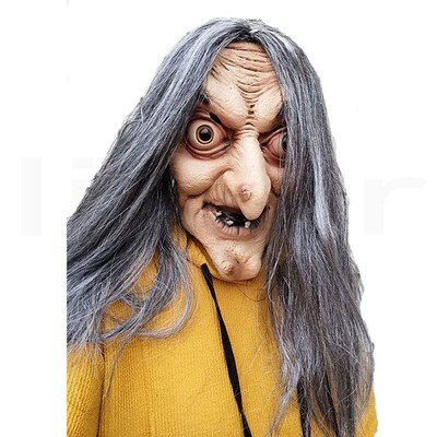 Masker Penyihir Tua Menakutkan Lateks dengan Rambut Hallowee
