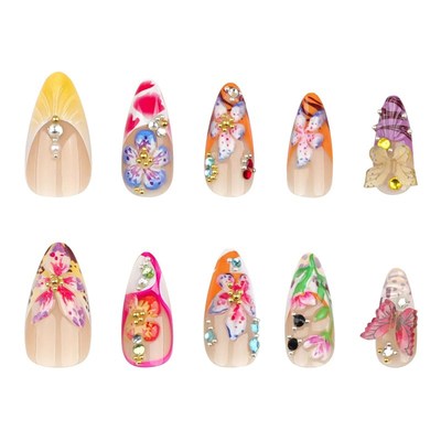 24pcs Tropical Flower Press On Nails Colorful French 3D Crys