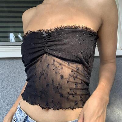 Black Floral Mesh Tube ops Cute Bow Lace Frills Ruched Bust