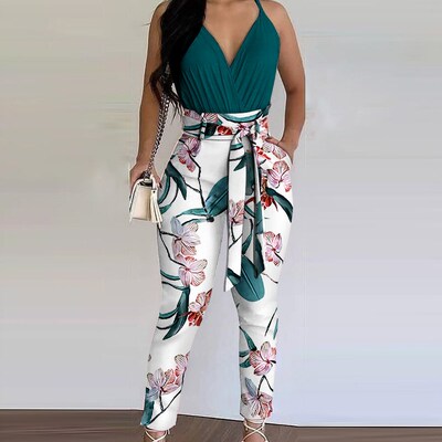 Summer Women 2 Pieces Plain Ruched Top & Floral Print Pants