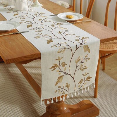 Luxury Embroidered Cotton Linen Table Runner Tablecloth Tass