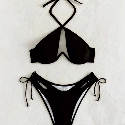 2024 Cut-out Push Up Bikini Solid Swimsuit Women Halter Swim