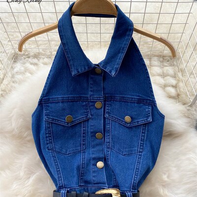 SINGREINY Backless Halter Dress Single Breasted Sashes