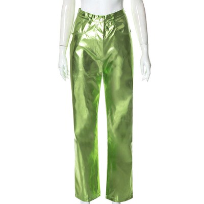 Shiny Gilding PU Leather Pants Women High Waist Button Fly S
