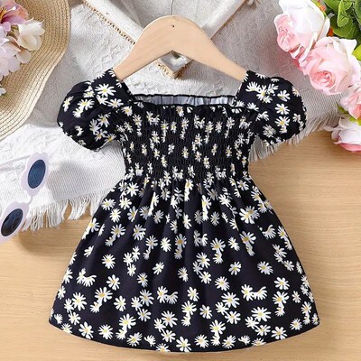 2025 Summer Kids Fashion Print Dress Girls Short Sleeve Dais