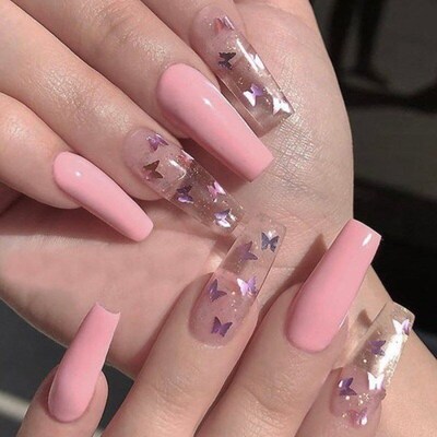 24Pcs Detachable Long Coffin False Nails Press on Nails Blue