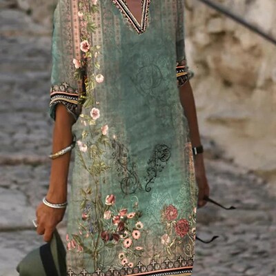 Ethnic Style Half Sleeve Loose Waist Dresses Ladies Vintage