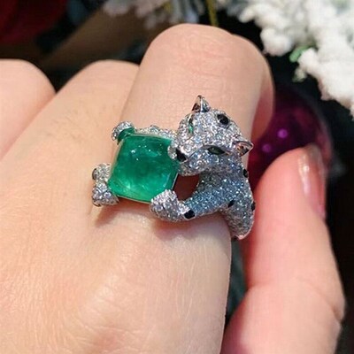 Luxury Emerald Green Zircon Leopard Rings Animal Panther Rin