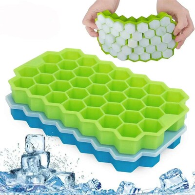 37-grid Silicone Ice Cube Mold with Cover Cellular Mesh Stac