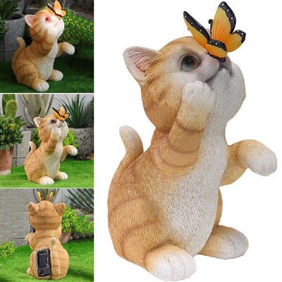 Color Change Kitten Statue with Butterfly Solar Lantern