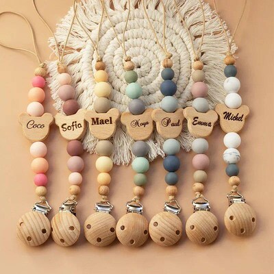 Custom Name Wooden Personalized Baby Pacifier Chain Silicone