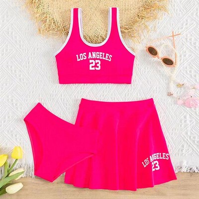 Girl Letter Graphic Contrast Binding Bikini Swimsuit Kids wi