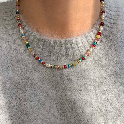 Fashion Colorful Beads Stone Natural Freshwater Pearl Neckla