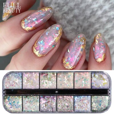 12 Grids Iridescent Nail Aurora Glitter Crystal Fire Flakes