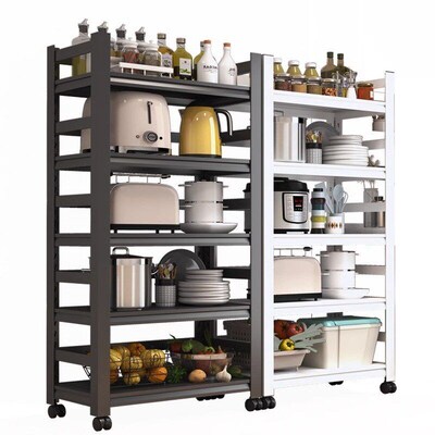 Multi layer wheeled movable storage shelves in the kitchen
