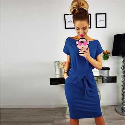 Dress Women Summer Fashionable Round Collar sashes Pocket