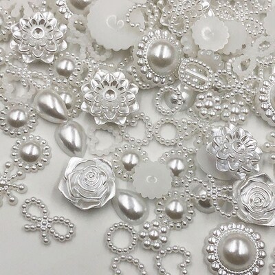 100pcs white ABS Resin Half Round flower Bow Alien Pearls Fo