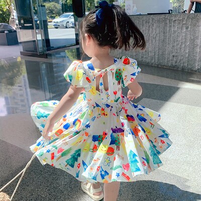 Summer Girls Dress 2023 New Puff Sleeve Casual Cartoon Part