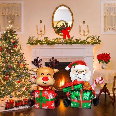 3D Santa Claus Elk Foil Balloons Gift Box 2025 Number Balloo