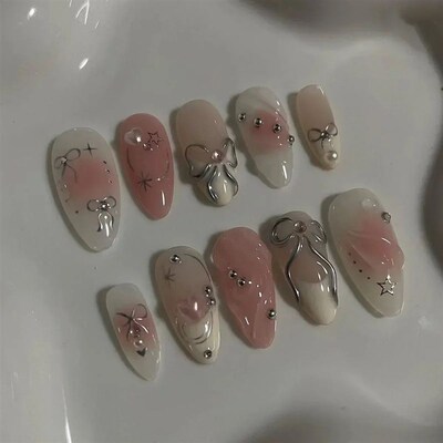 24Pcs Pink Almond French Press on Nails With 3D Bow ripple c
