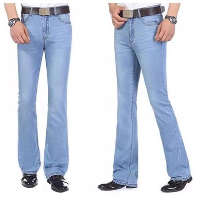 Spring Autumn Mens Flare Pants Mid Waist Elastic Flared Jea