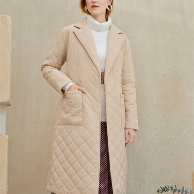 Simplee Long straight winter coat with rhombus pattern Casua