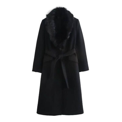 ZBZA Womens Warm Faux Fur Thick Coat Lace-up Fur Collar Lon