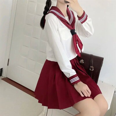 Japanese School Girl JK Uniform Women Kawaii Red High Waist