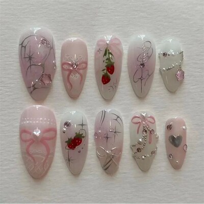 24Pcs Flora Almond Press on Nails with Glue Mori Girl Nail A