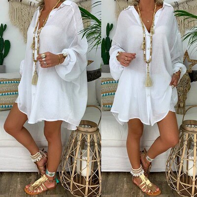 New Loose Women Cover Ups Swimwear White Beach Dress Cotton