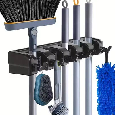 Wall Mounted Mop Rack 3/4/5 Positions With Hooks Multifuncti