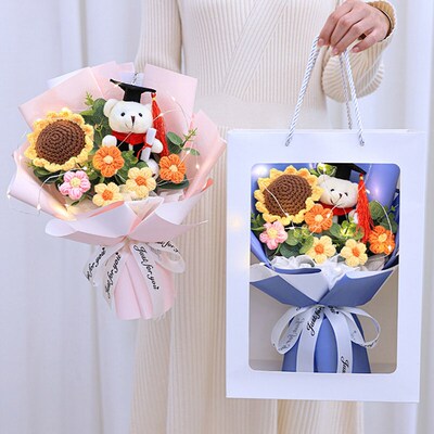 Crochet Flower Bouquet with Light Hand-Knitted Sunflower