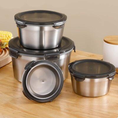 Stainless+Steel+Food+Storage+Box+Round+Sealed+Crisper+Lunch