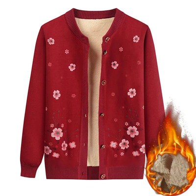Fdfklak New Printed Woolen Sweater Middle Aged Mother Plus V