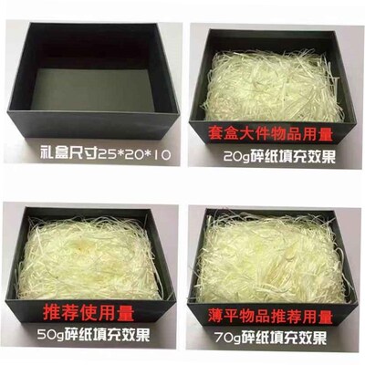 gift lined with shredded paper filling, colored packing box