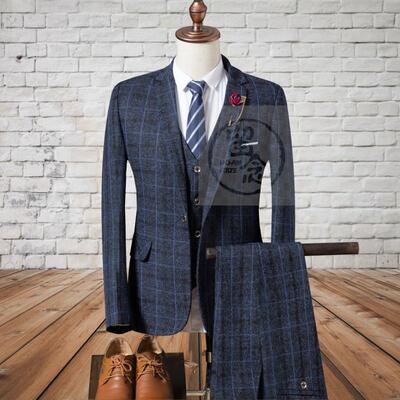 Mens suit set three piece mens English Plaid suit coat me
