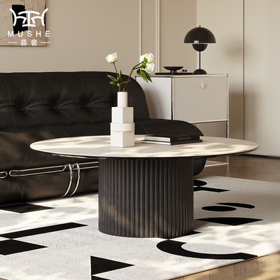 暮奢法式复古茶几大小圆洞石岩板圆茶几设计师奶油风实木茶几