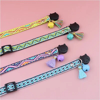 Adjustable cat collar with tassels and bells embellished pet